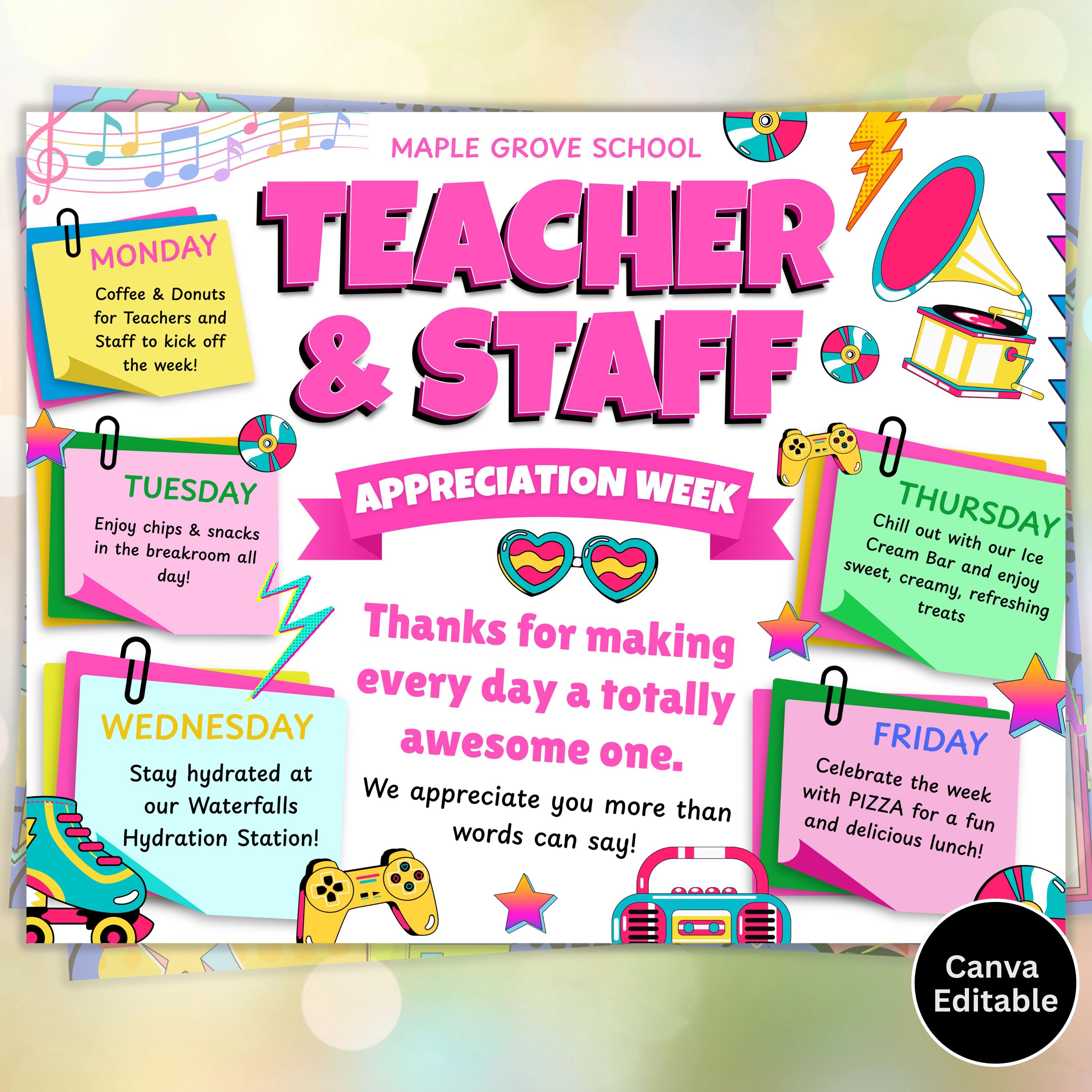 80s 90s Teacher Appreciation Week Itinerary Template | Retro Staff ...