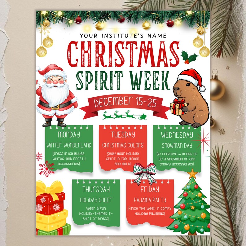 Christmas Spirit Week Flyer Template: School Holiday Planner, Editable ...