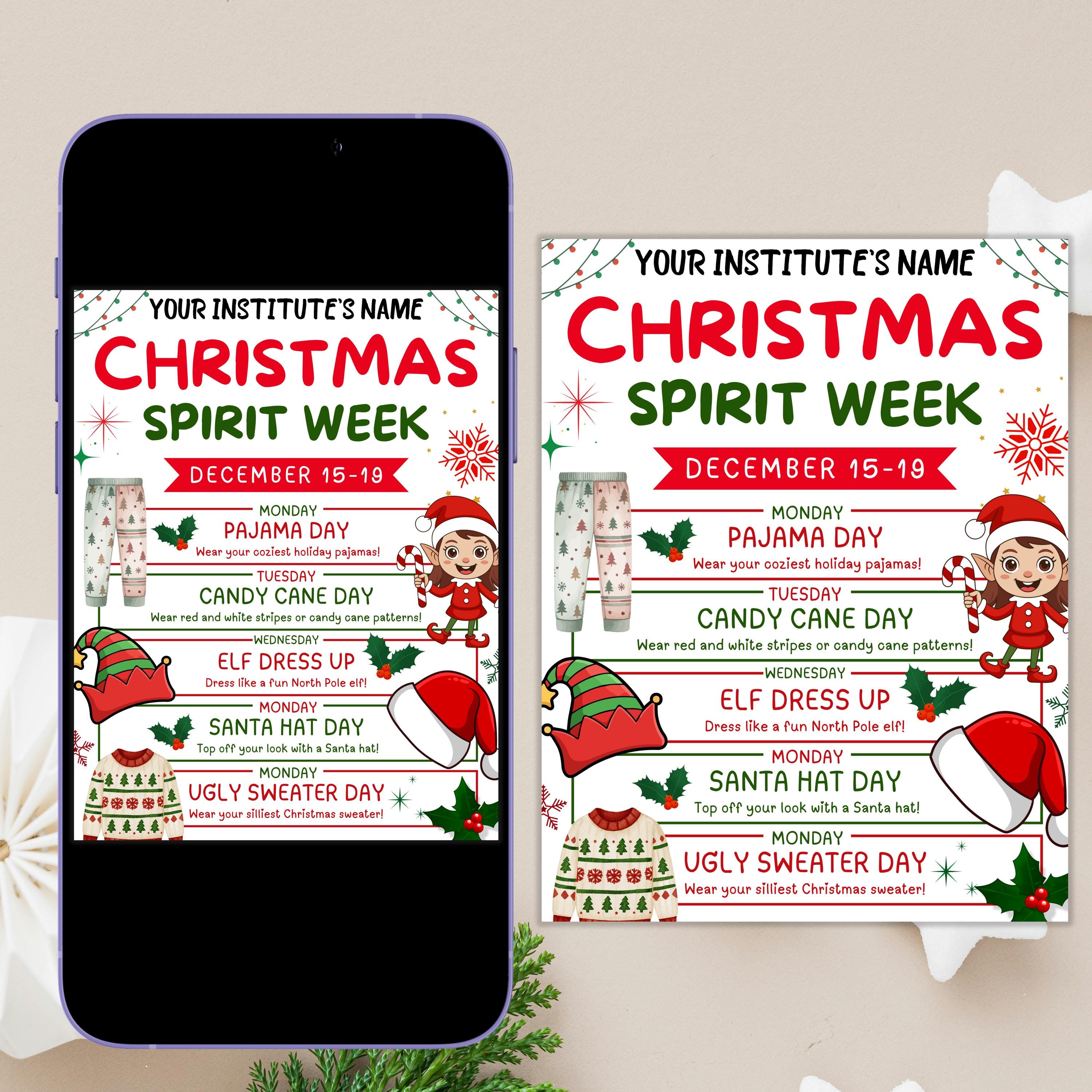 Christmas Spirit Week Flyer Template: School Holiday Planner, Editable ...