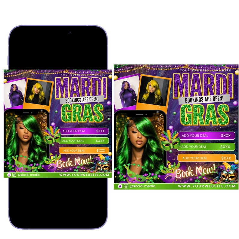 Mardi Gras Booking Flyer, Mardi Gras Appointment Flyers, Hair Nails ...
