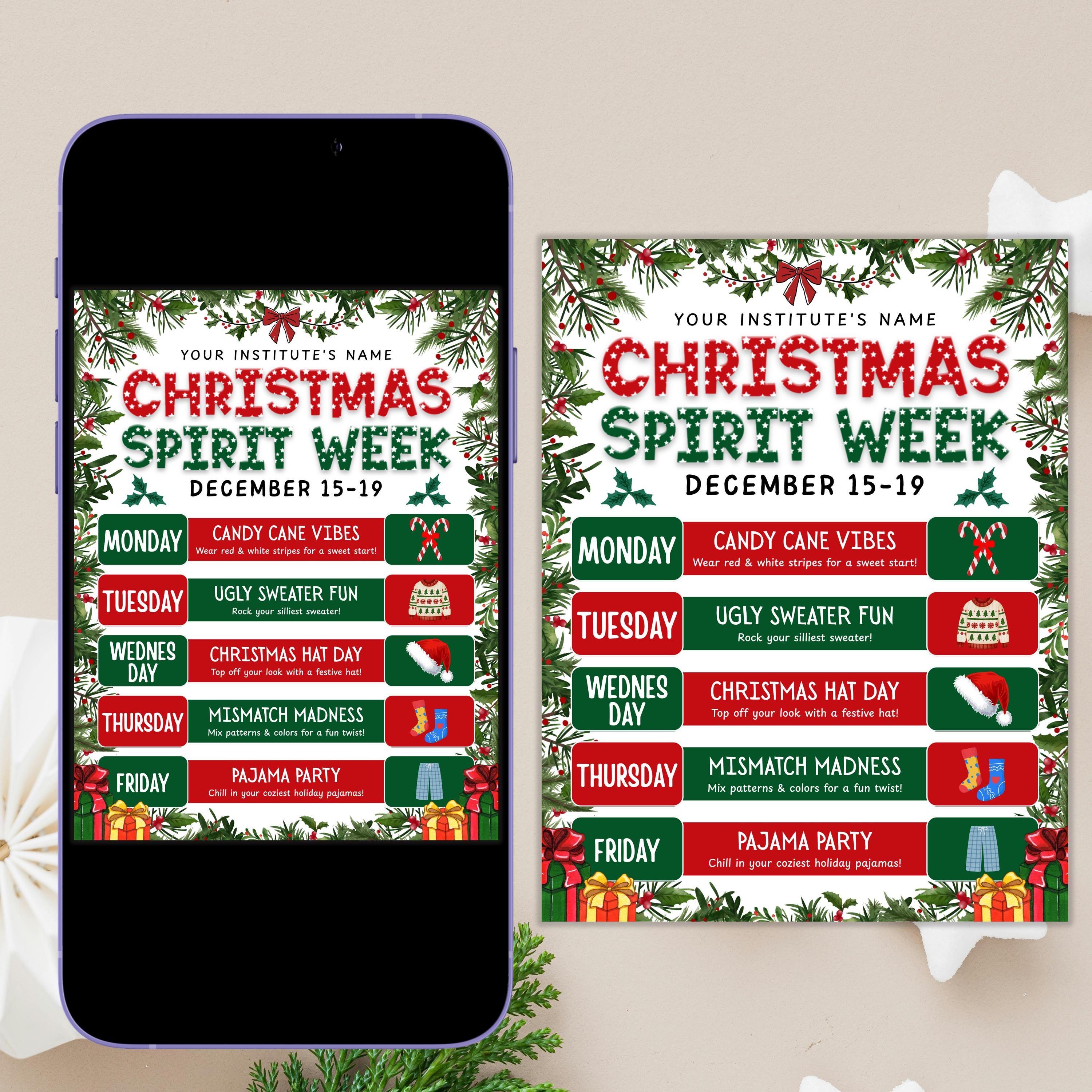 Christmas Spirit Week Flyer Template: School Holiday Planner, Editable ...