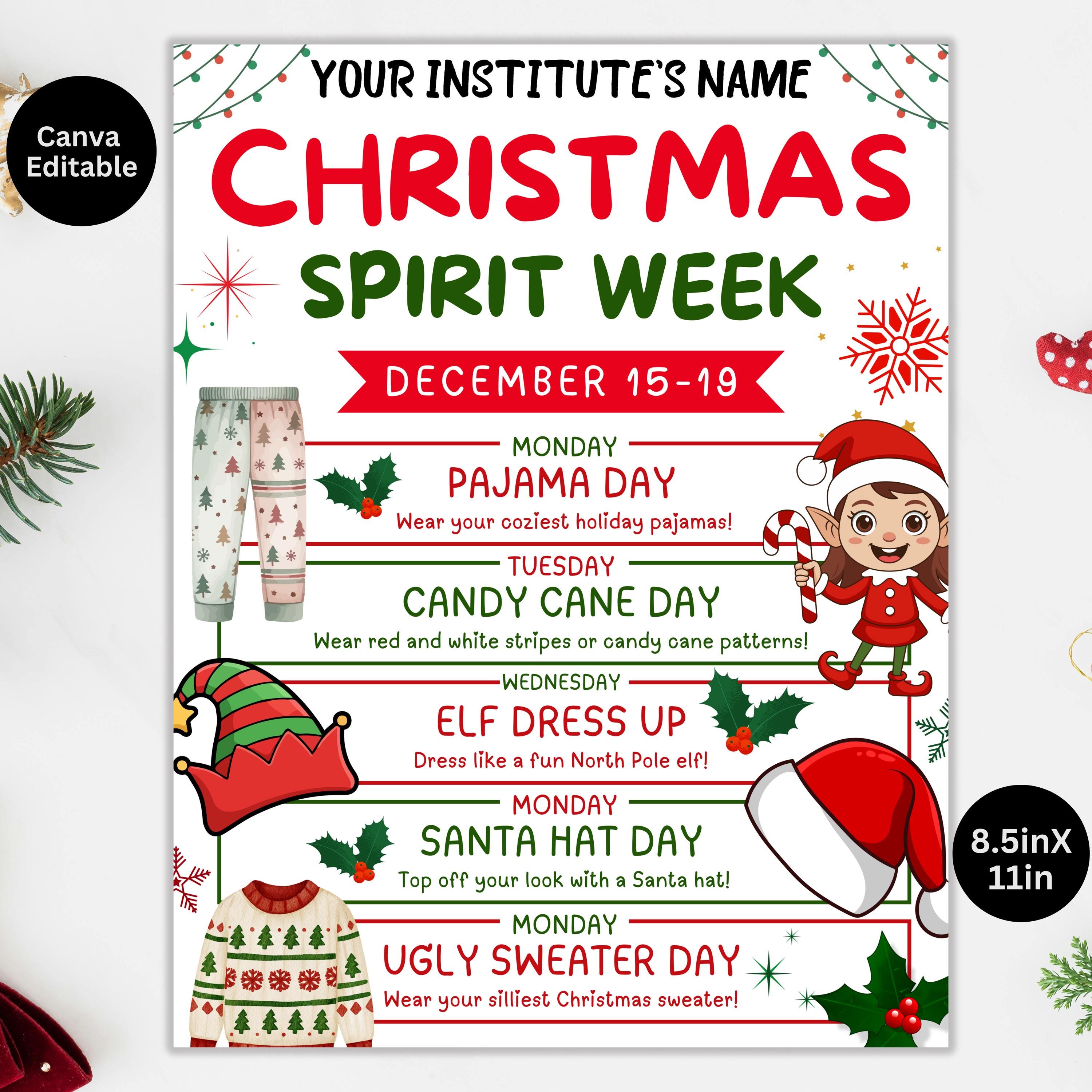 Christmas Spirit Week Flyer Template: School Holiday Planner, Editable ...