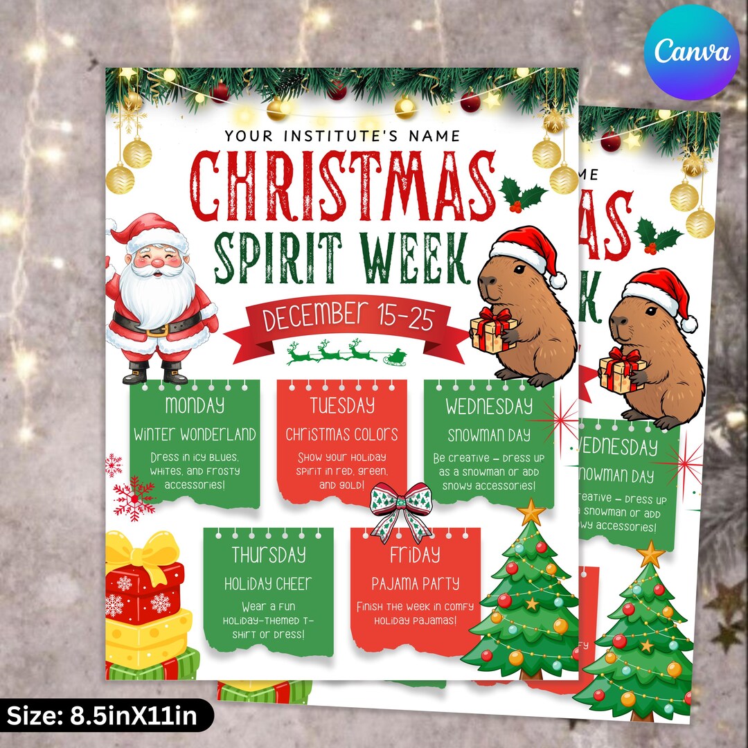 Christmas Spirit Week Flyer Template: School Holiday Planner, Editable ...