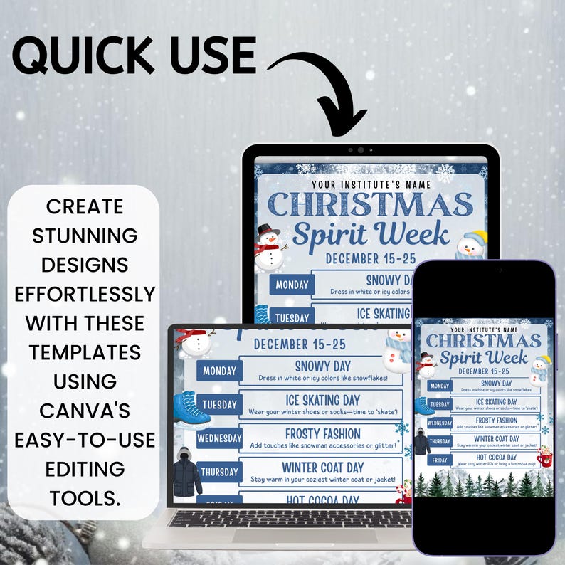 Christmas Spirit Week Flyer Template: School Holiday Planner, Editable ...
