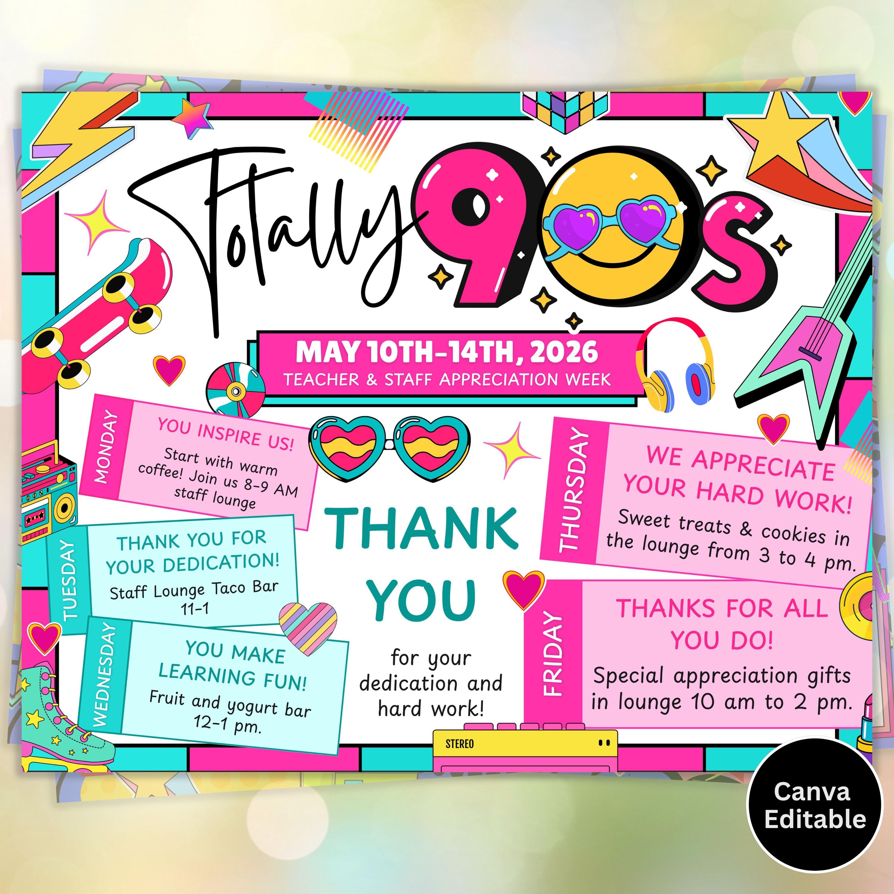 80s 90s Teacher Appreciation Week Itinerary Template | Retro Staff ...