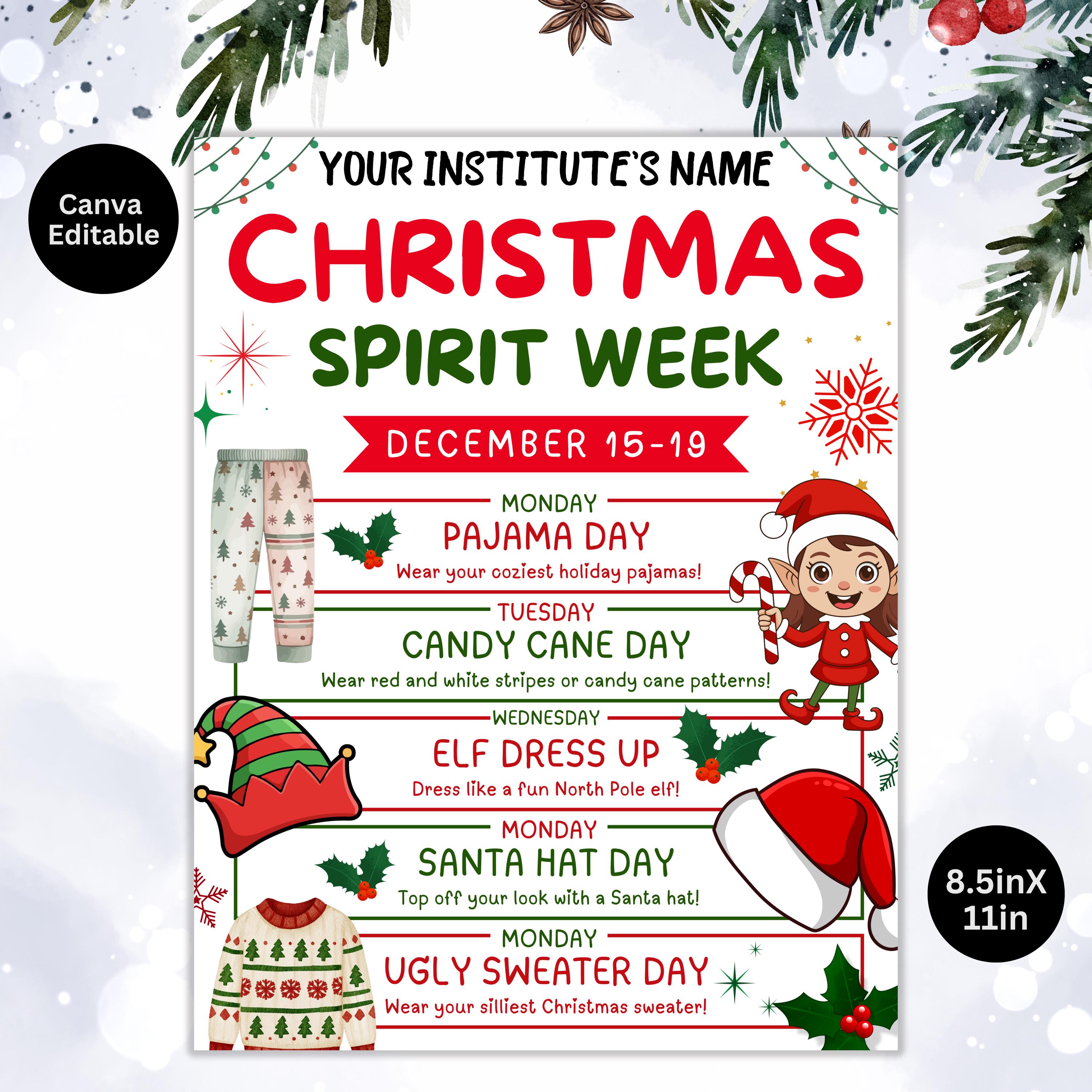 Christmas Spirit Week Flyer Template: School Holiday Planner, Editable ...