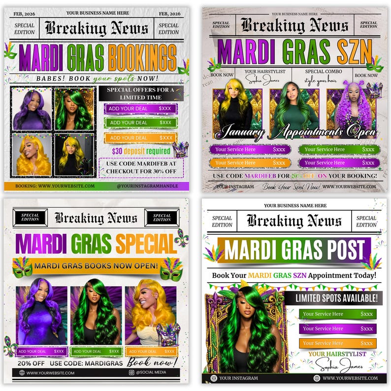 Mardi Gras Booking Newspaper Flyer | Book Now Appointment Flyer | Hair ...
