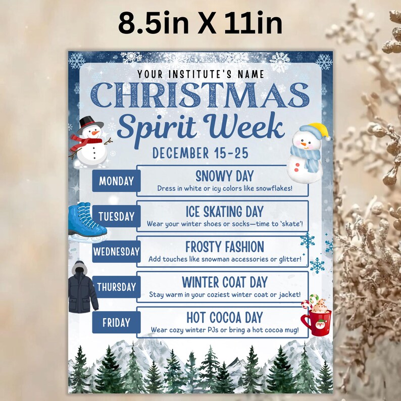 Christmas Spirit Week Flyer Template: School Holiday Planner, Editable ...
