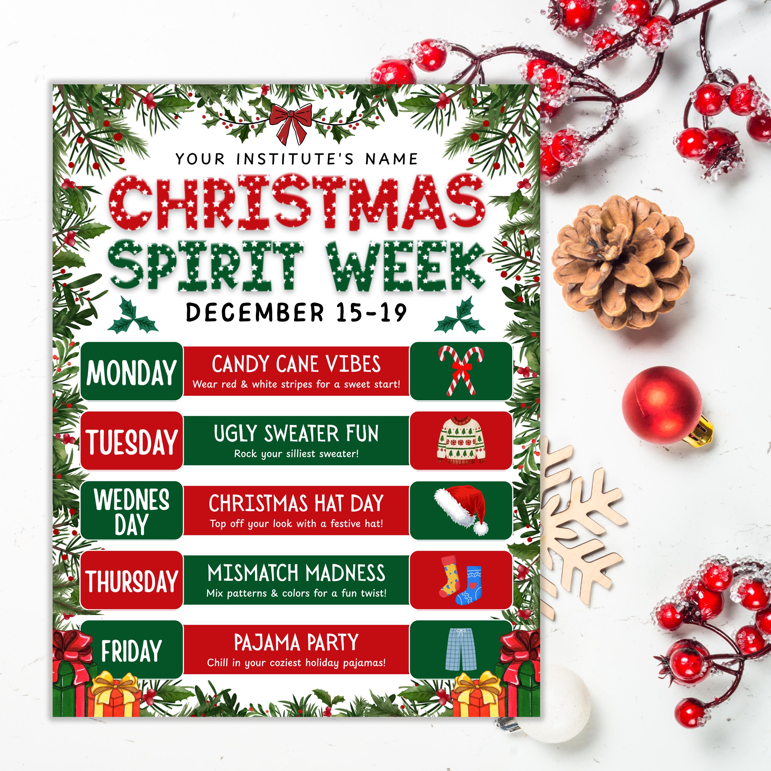 Christmas Spirit Week Flyer Template: School Holiday Planner, Editable ...