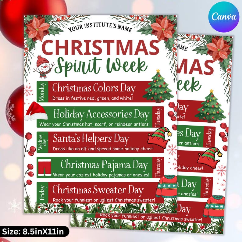 Christmas Spirit Week Flyer Template: School Holiday Planner, Editable ...