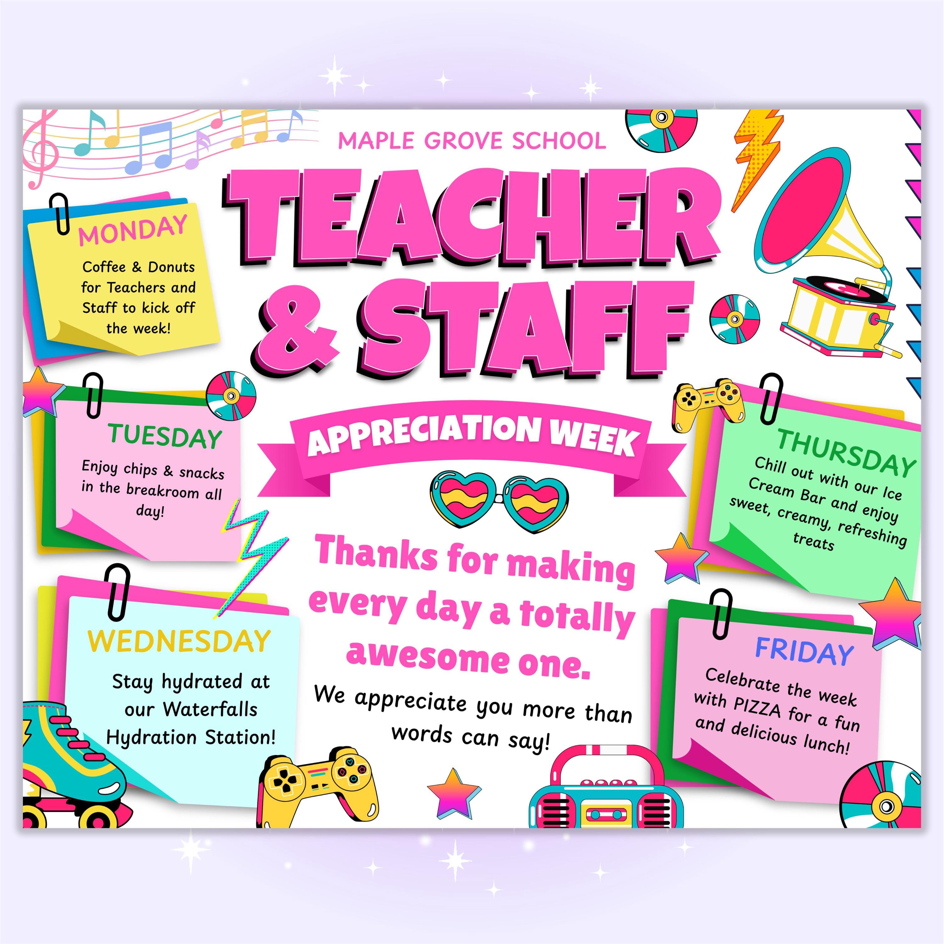 80s 90s Teacher Appreciation Week Itinerary Template | Retro Staff ...