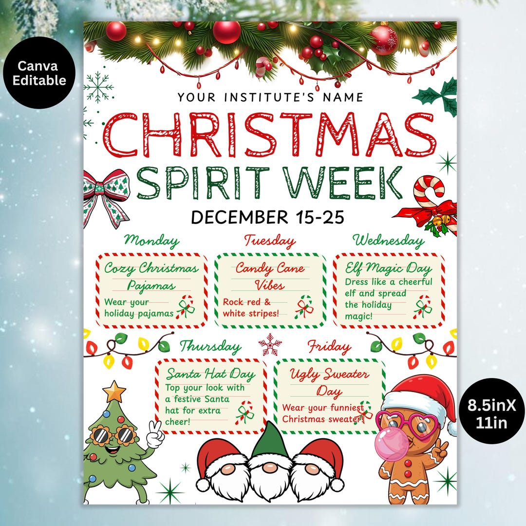 Christmas Spirit Week Flyer Template: School Holiday Planner, Editable ...