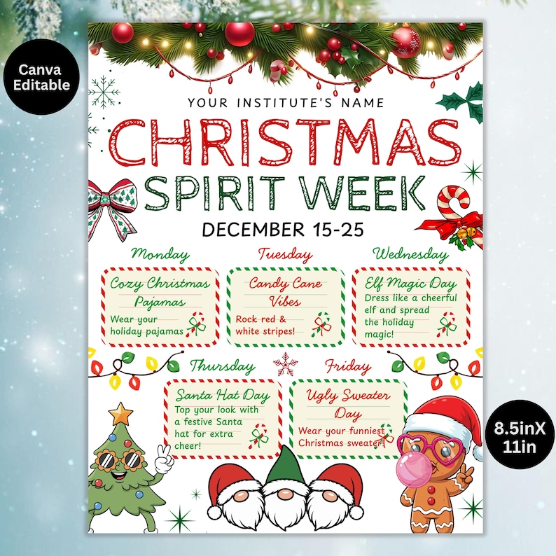 Christmas Spirit Week Flyer Template: School Holiday Planner, Editable ...