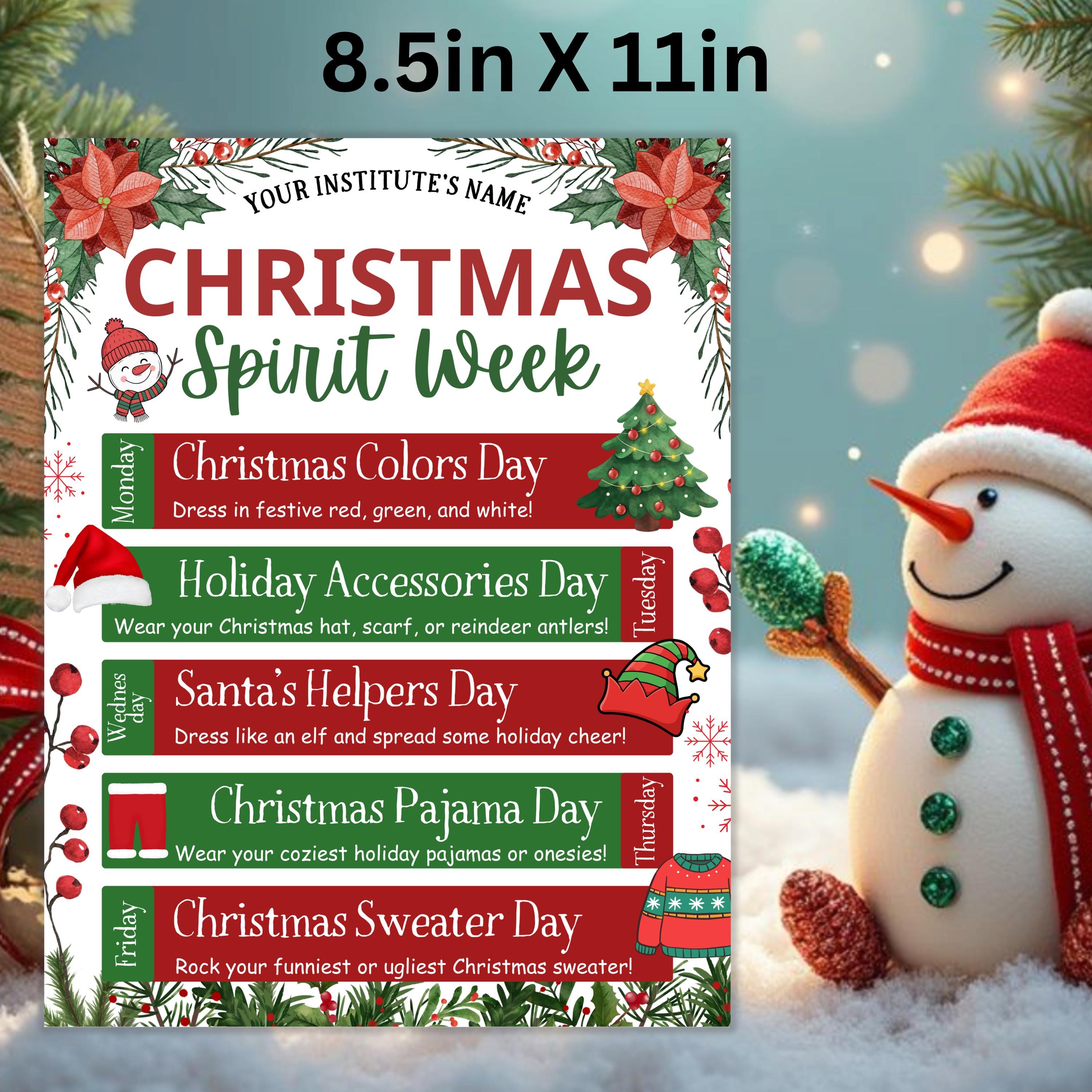 Christmas Spirit Week Flyer Template: School Holiday Planner, Editable ...