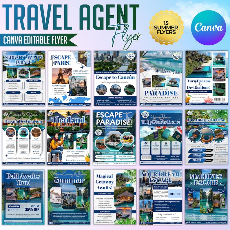 Travel Agent Flyer Template Bundle | Canva Editable Travel Marketing ...