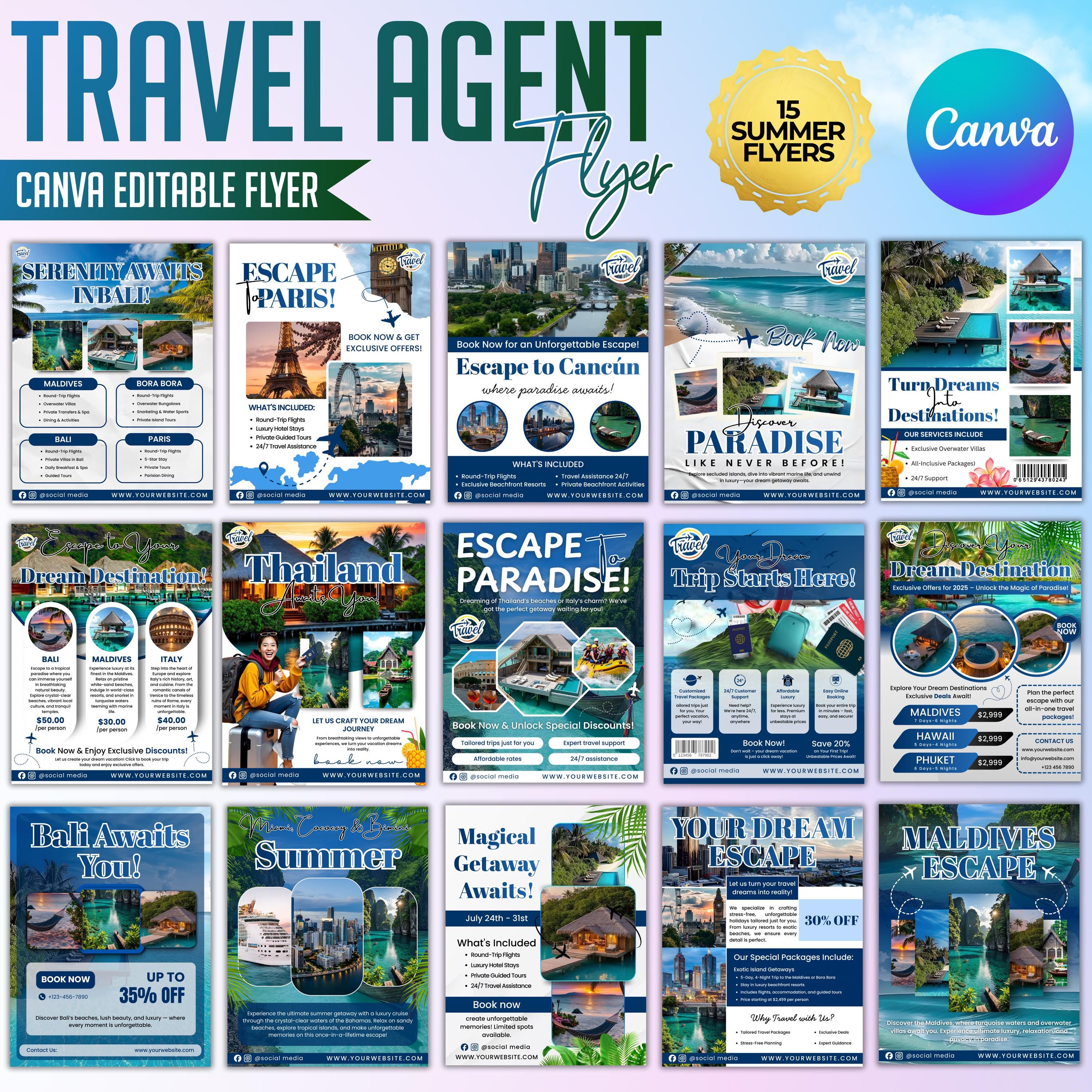 Travel Agent Flyer Template Bundle | Canva Editable Travel Marketing ...