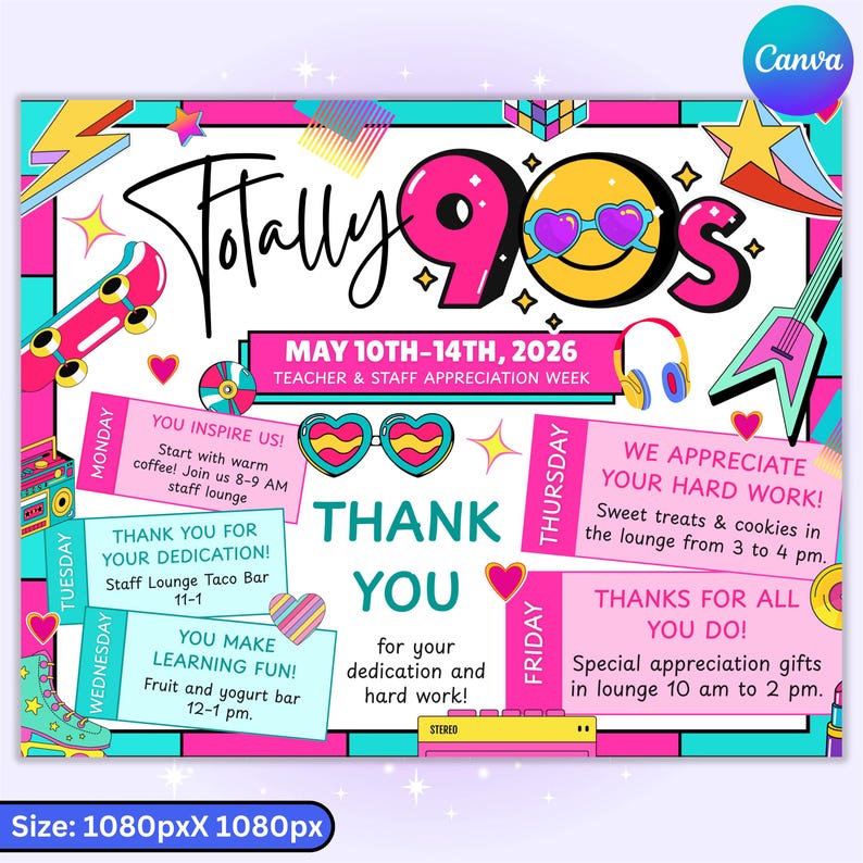 80s 90s Teacher Appreciation Week Itinerary Template | Retro Staff ...