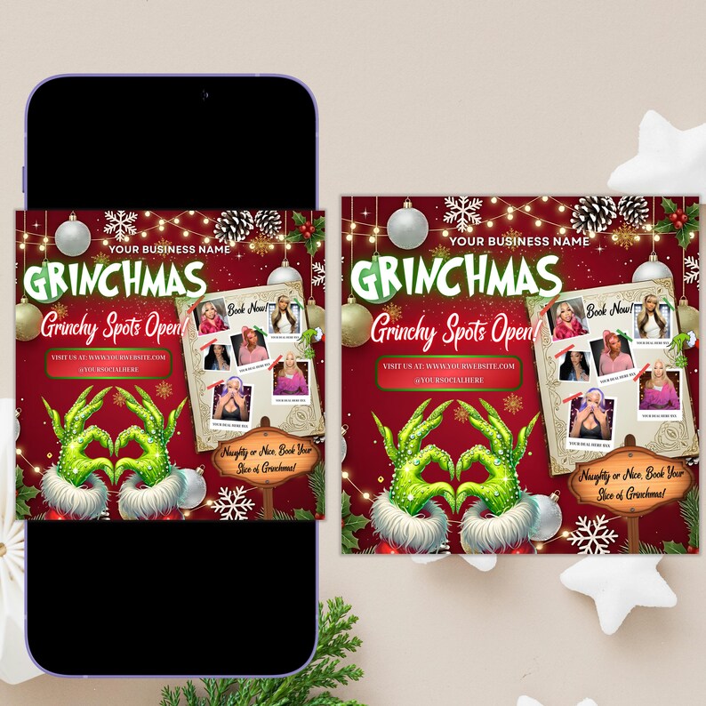 Grinchmas Beauty Flyer, Christmas Grinch Booking Flyer, Holiday Booking ...