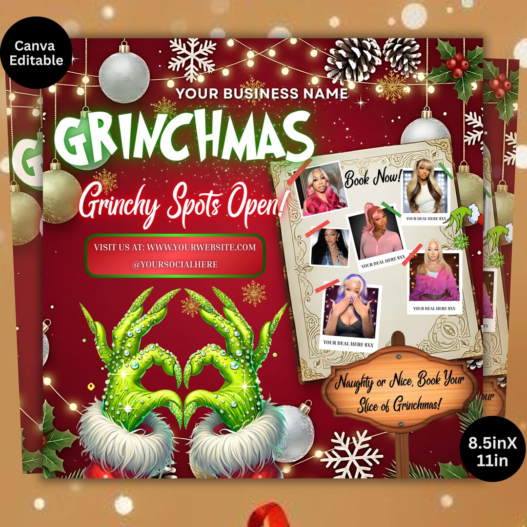 Grinchmas Beauty Flyer, Christmas Grinch Booking Flyer, Holiday Booking ...
