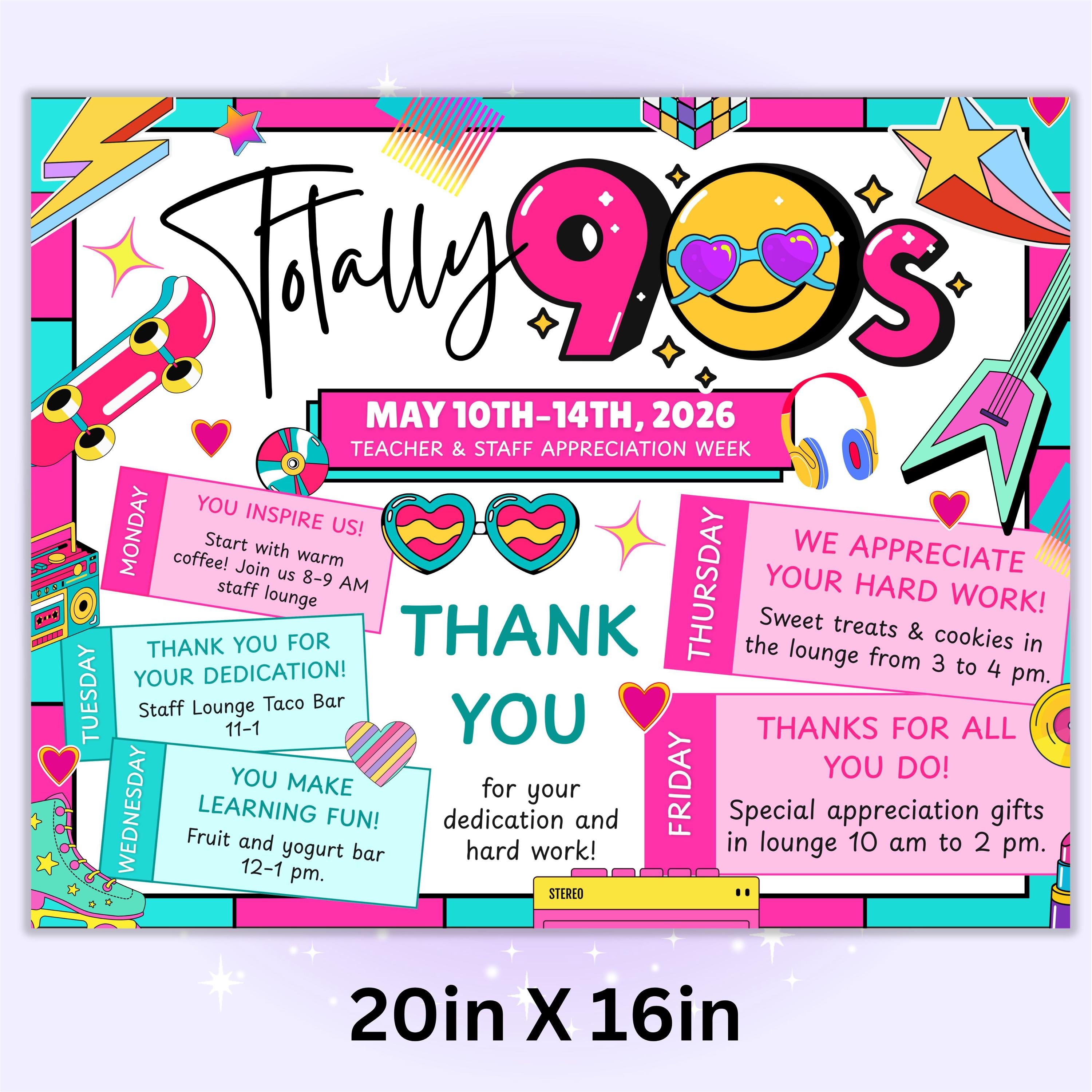 80s 90s Teacher Appreciation Week Itinerary Template | Retro Staff ...