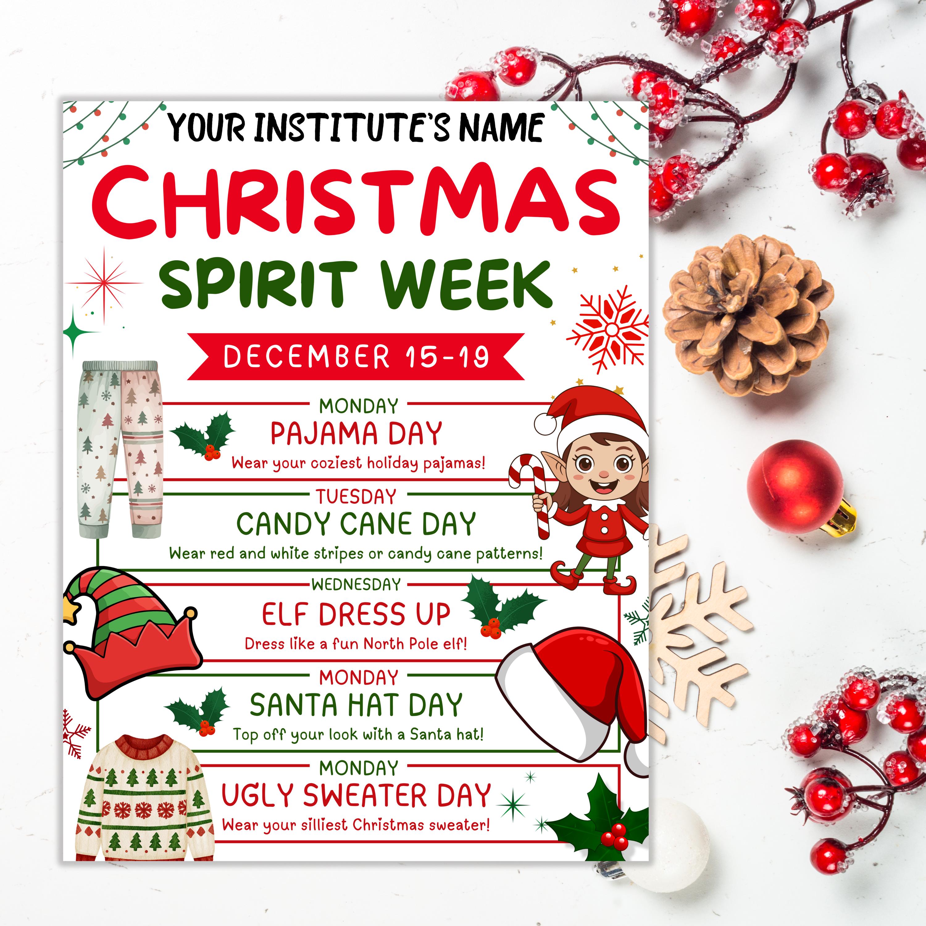 Christmas Spirit Week Flyer Template: School Holiday Planner, Editable ...