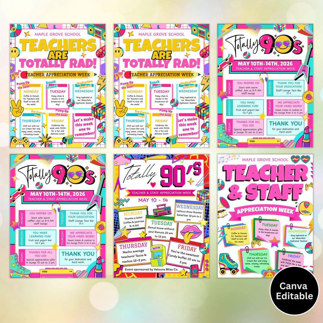 80s 90s Teacher Appreciation Week Itinerary Template | Retro Staff ...