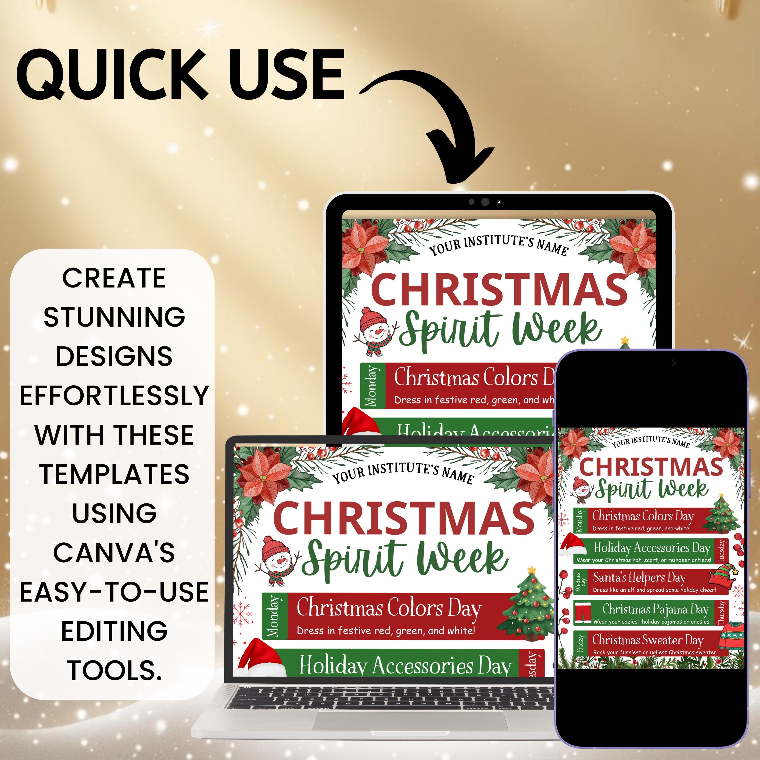 Christmas Spirit Week Flyer Template: School Holiday Planner, Editable ...