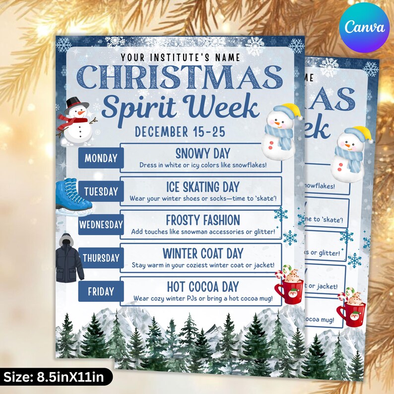 Christmas Spirit Week Flyer Template: School Holiday Planner, Editable ...