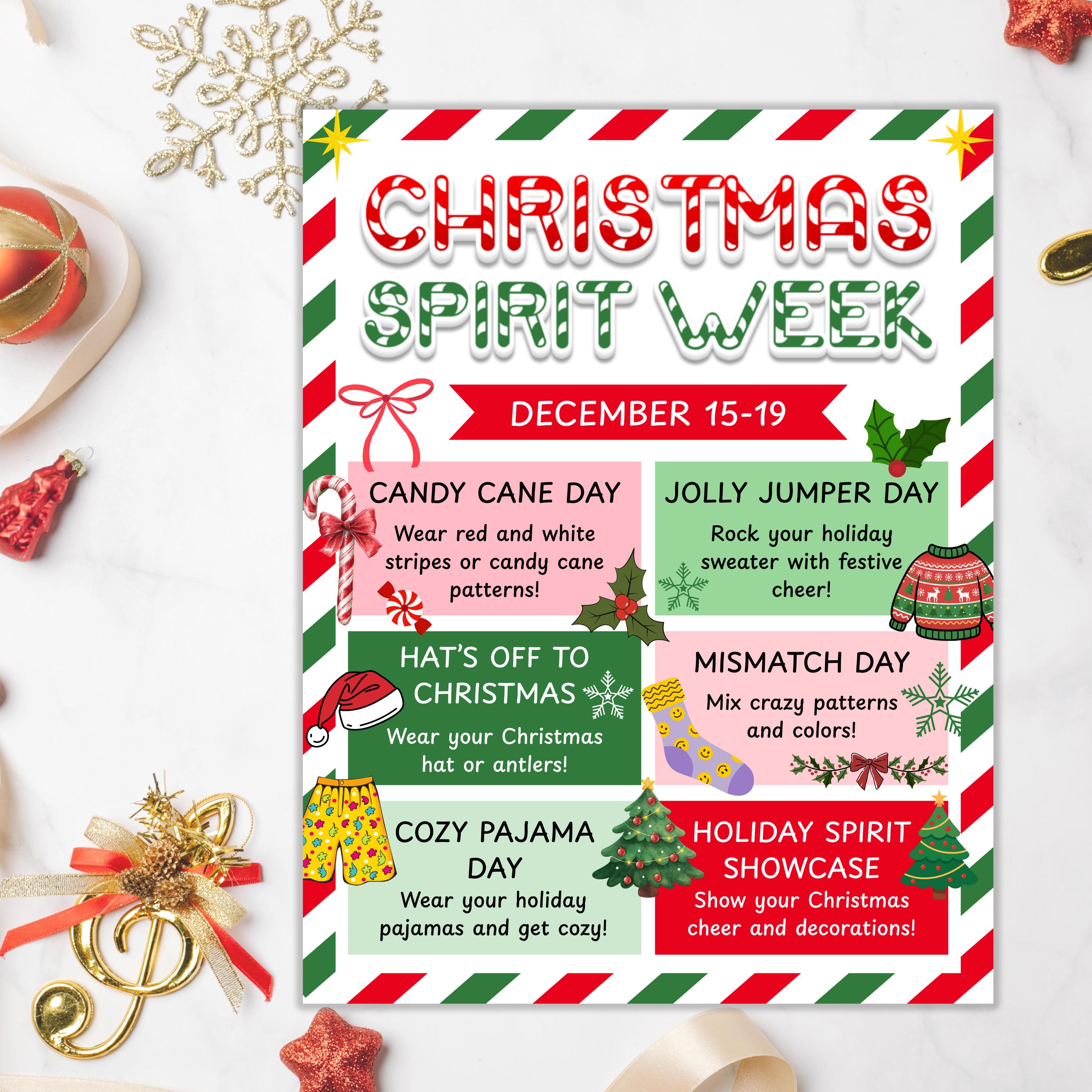 Christmas Spirit Week Flyer Template, School Holiday Planner, Editable ...