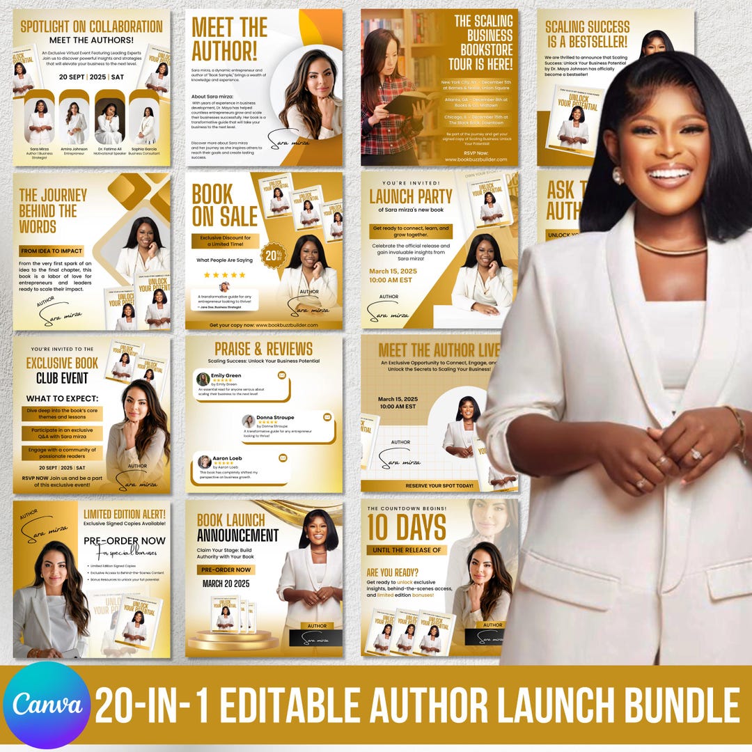Gold 20-in-1 Editable Author Launch Bundle, Customizable Canva ...