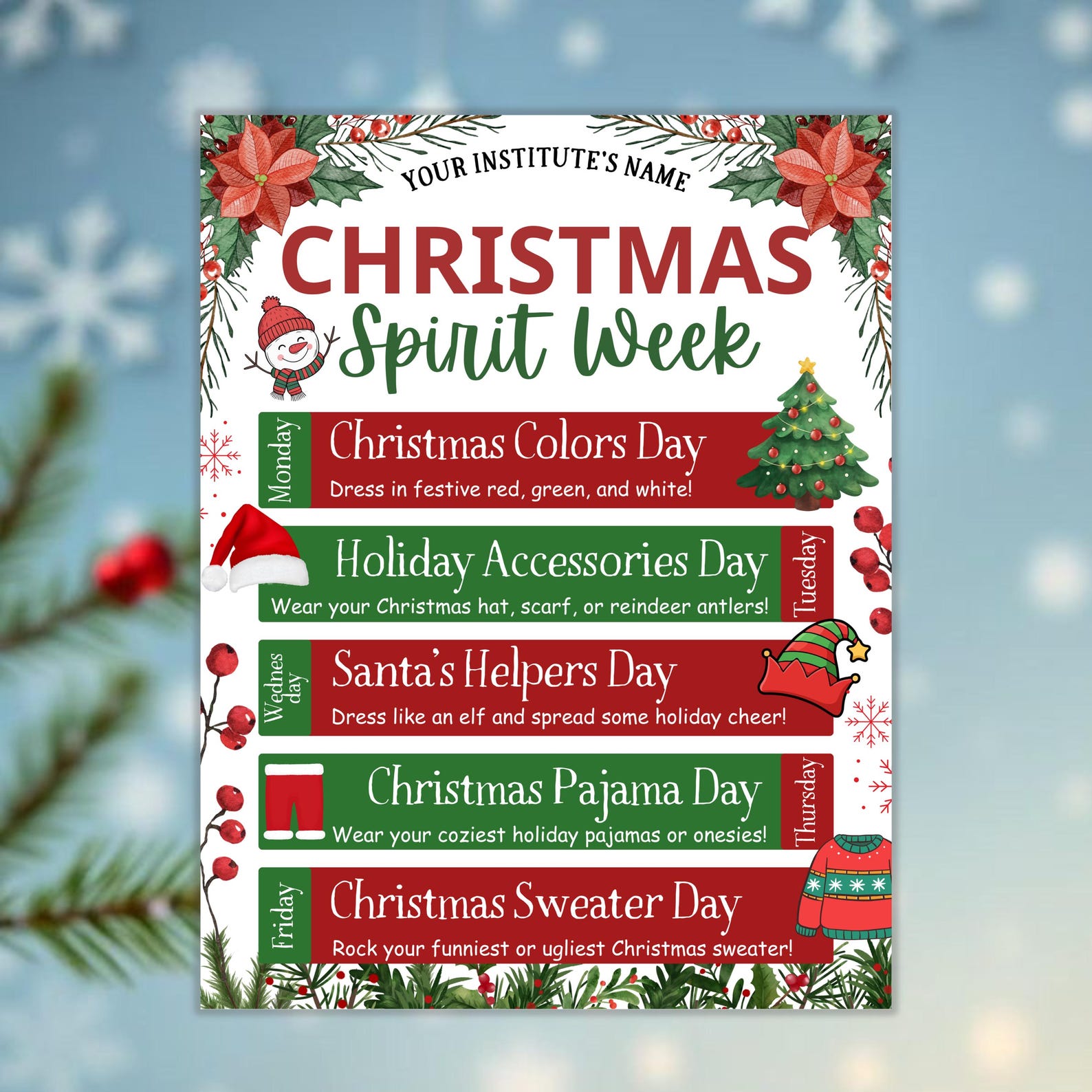 Christmas Spirit Week Flyer Template: School Holiday Planner, Editable ...