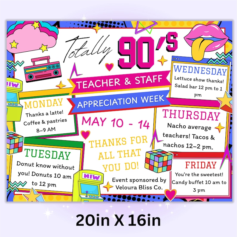 80s 90s Teacher Appreciation Week Itinerary Template | Retro Staff ...