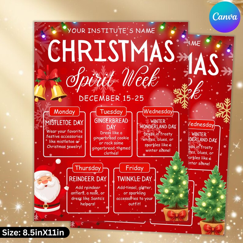 Christmas Spirit Week Flyer Template: School Holiday Planner, Editable ...