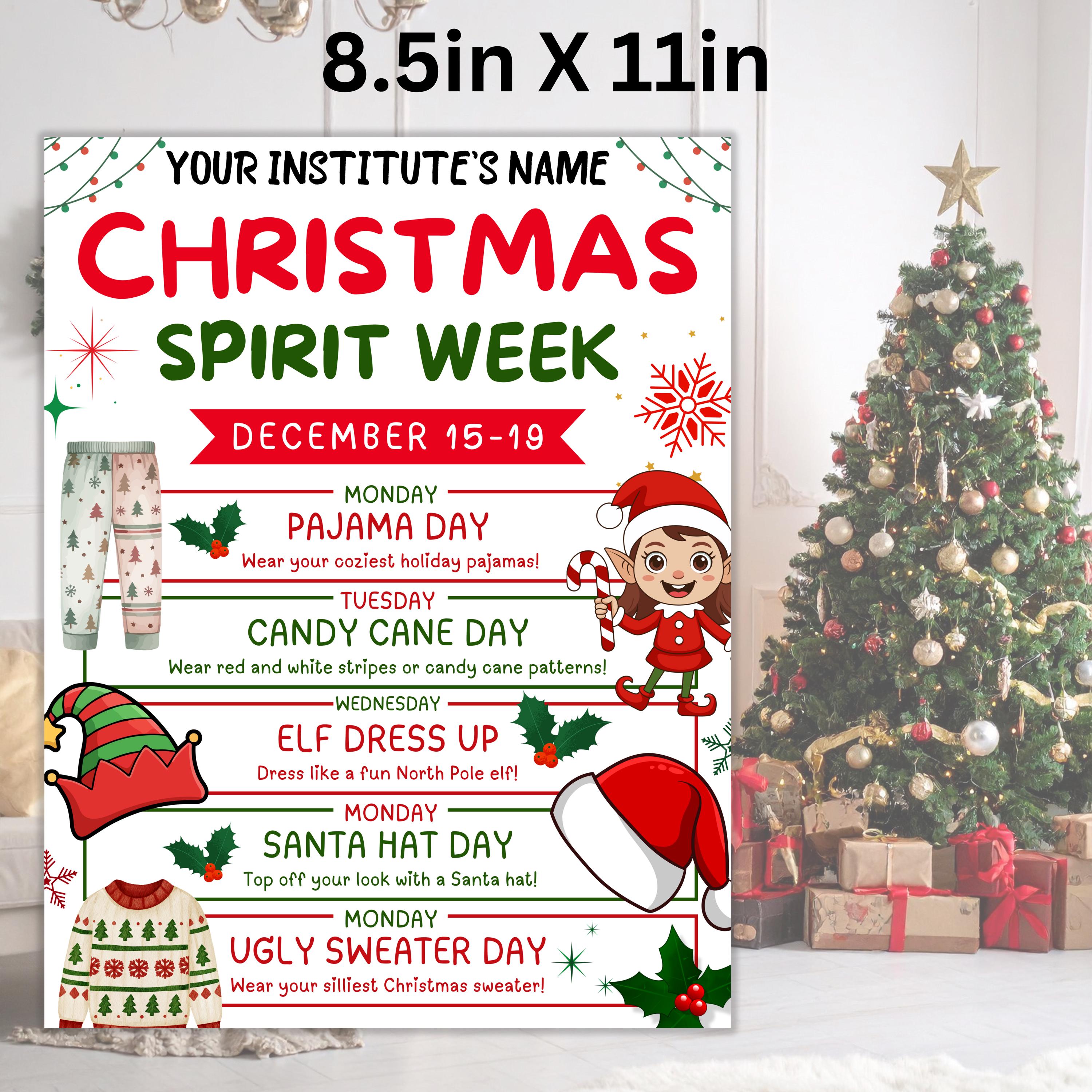 Christmas Spirit Week Flyer Template: School Holiday Planner, Editable ...