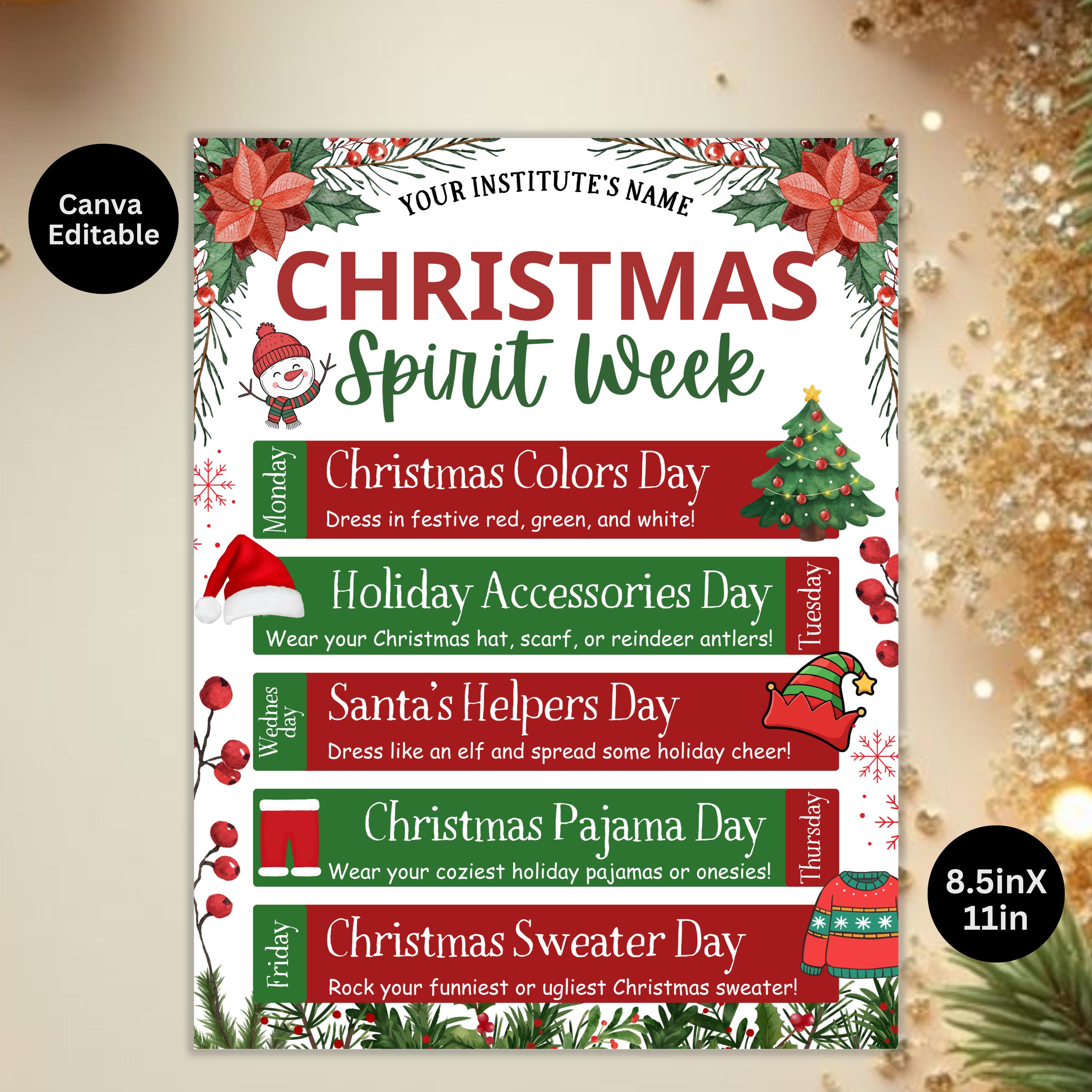 Christmas Spirit Week Flyer Template: School Holiday Planner, Editable ...