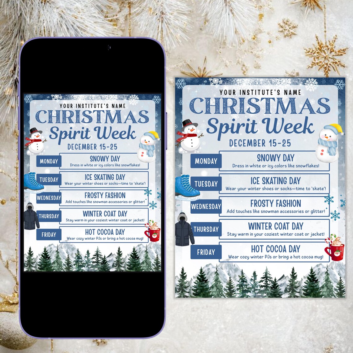 Christmas Spirit Week Flyer Template: School Holiday Planner, Editable ...