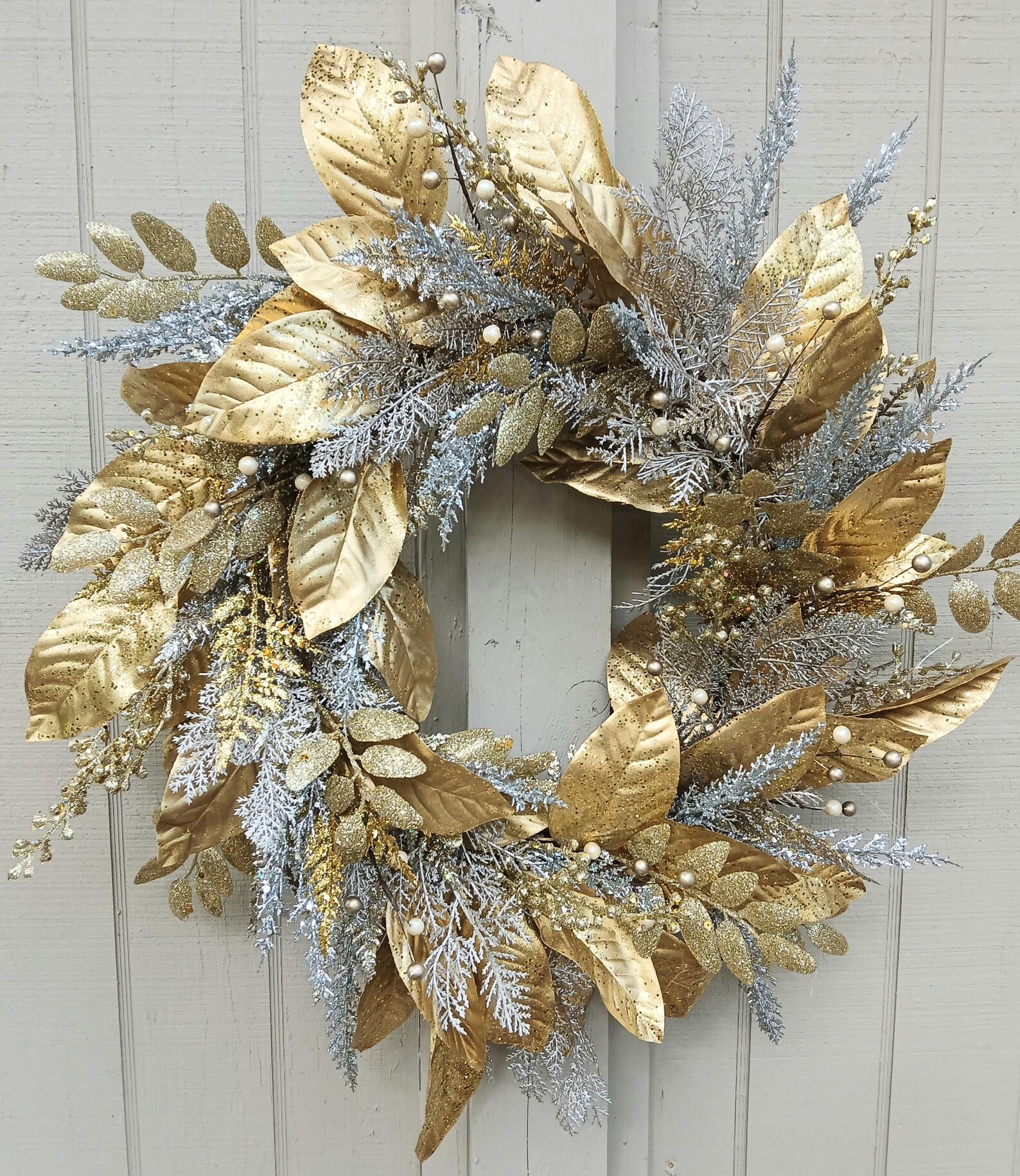 Silver and Gold Wreath. Gold Magnolia Wreath. Christmas Wreath. New ...