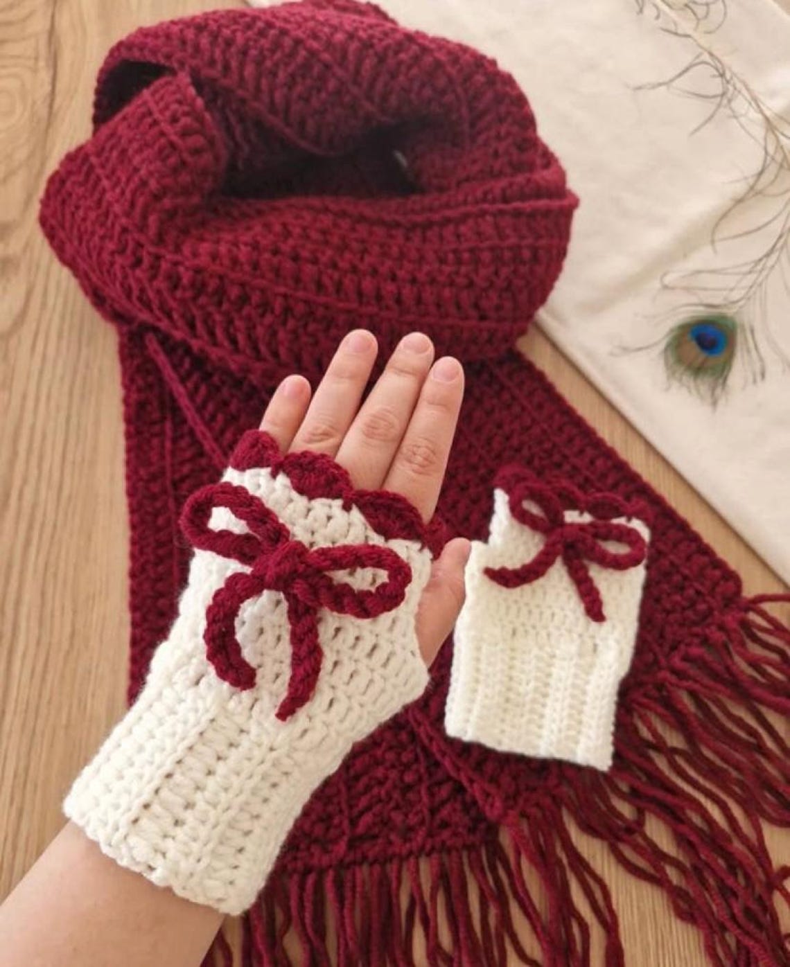 Handmade Red Bow Scarf and Mittens Set – Winter Crochet Gift for Her - Etsy