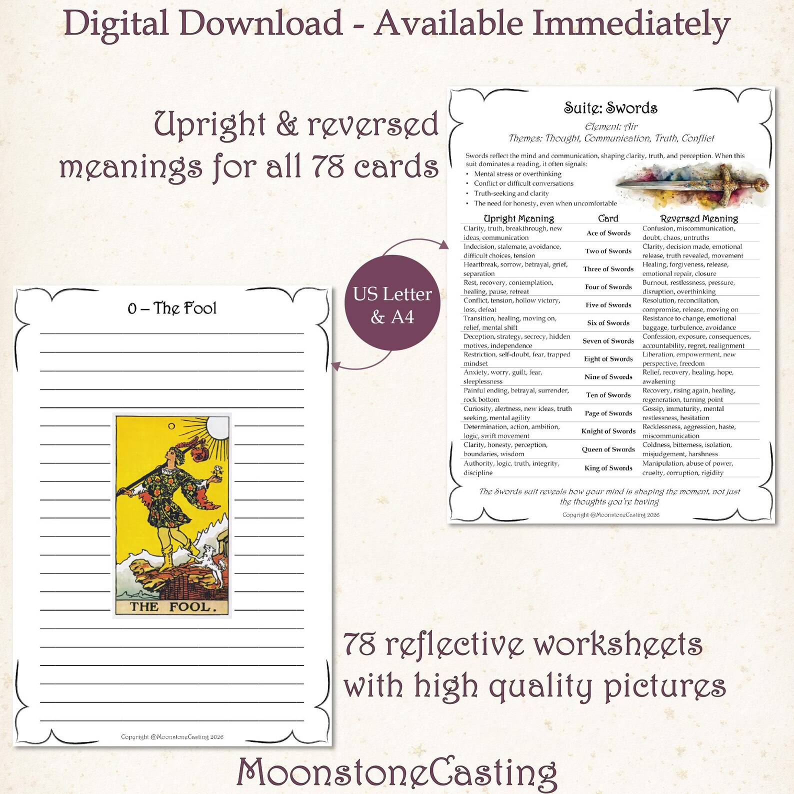 Tarot Card Cheat Sheets & Worksheets - Printable PDF Guide - Instant ...
