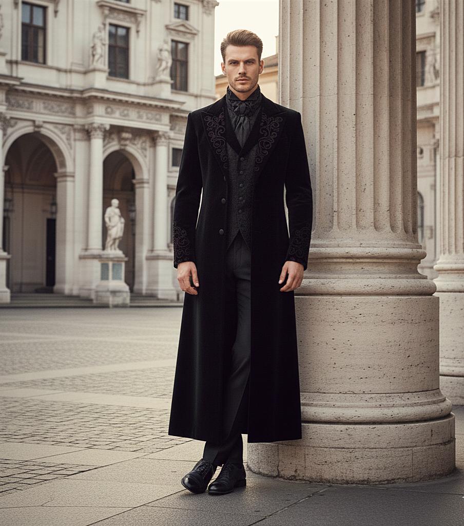Victorian Gothic Men's Long Coat, Embroidered Black Steampunk Overcoat ...