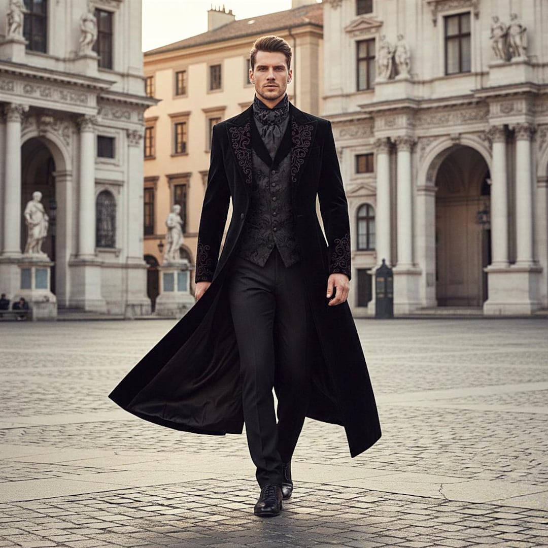 Victorian Gothic Men's Long Coat, Embroidered Black Steampunk Overcoat ...