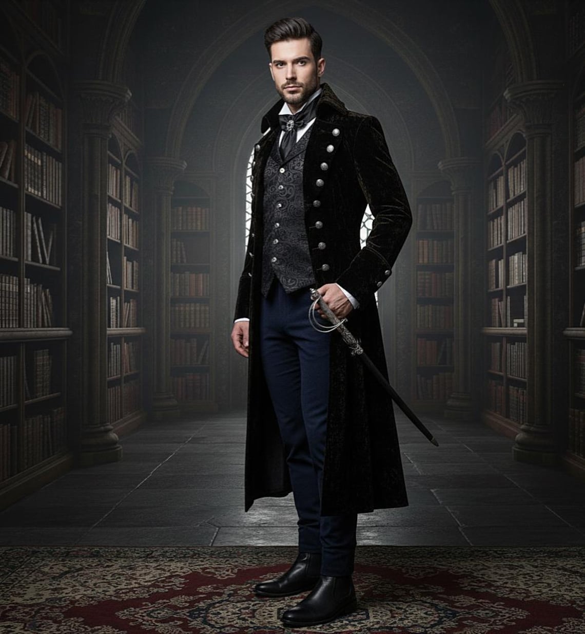 Victorian Gothic Men's Wedding Suit | Black Velvet Long Trench Coat ...