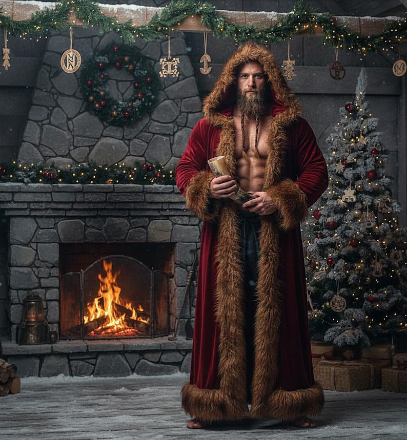 Mens Viking Santa Robe | Red Velvet Faux Fur Hooded Cloak - Etsy
