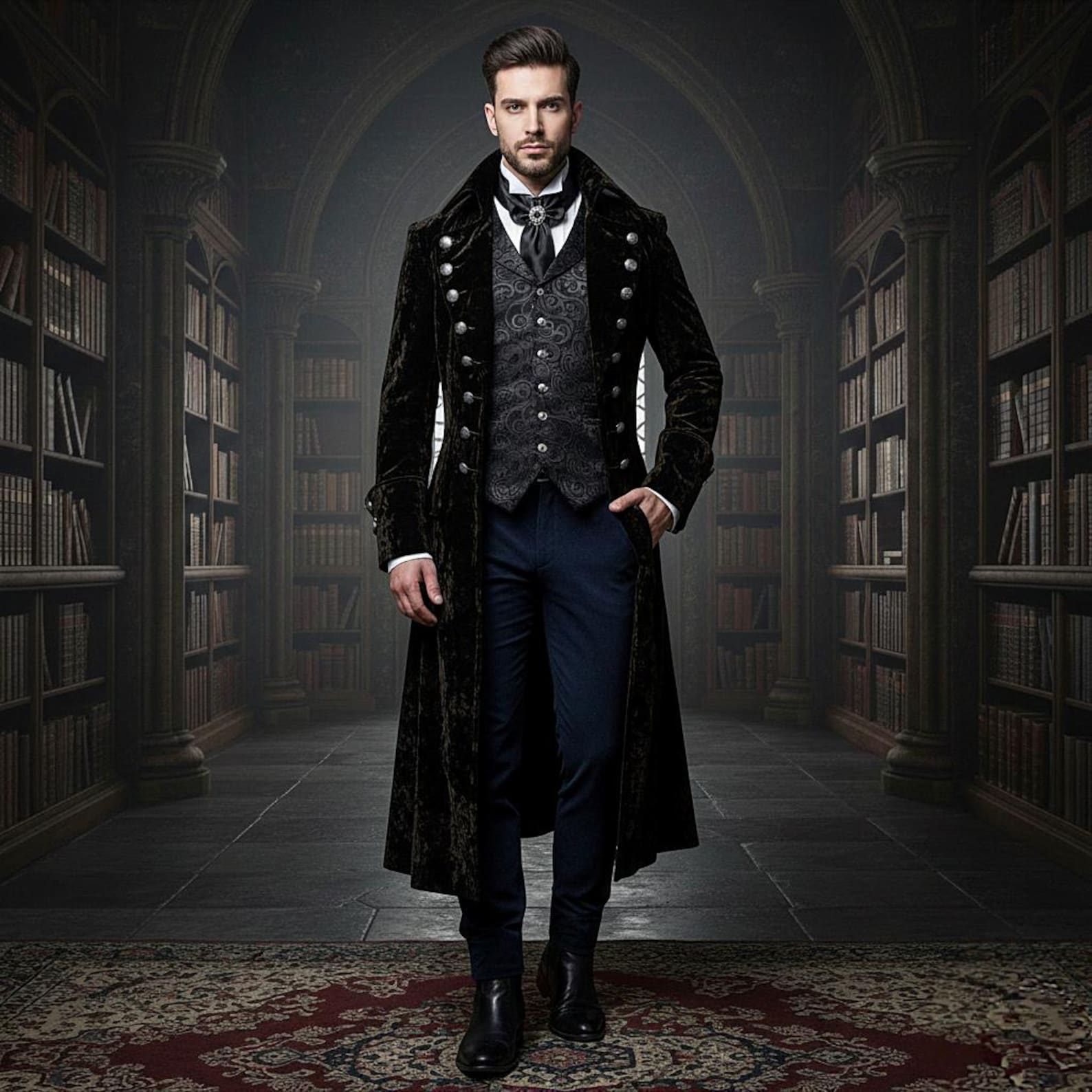 Victorian Gothic Men's Wedding Suit | Black Velvet Long Trench Coat ...