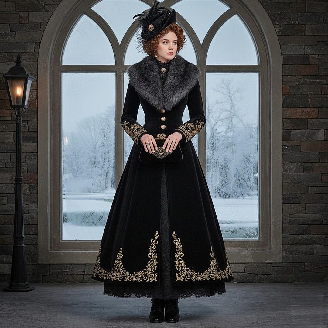 Victorian Style Women's Black Velvet Faux Fur Collar 60s Coat With Gold ...
