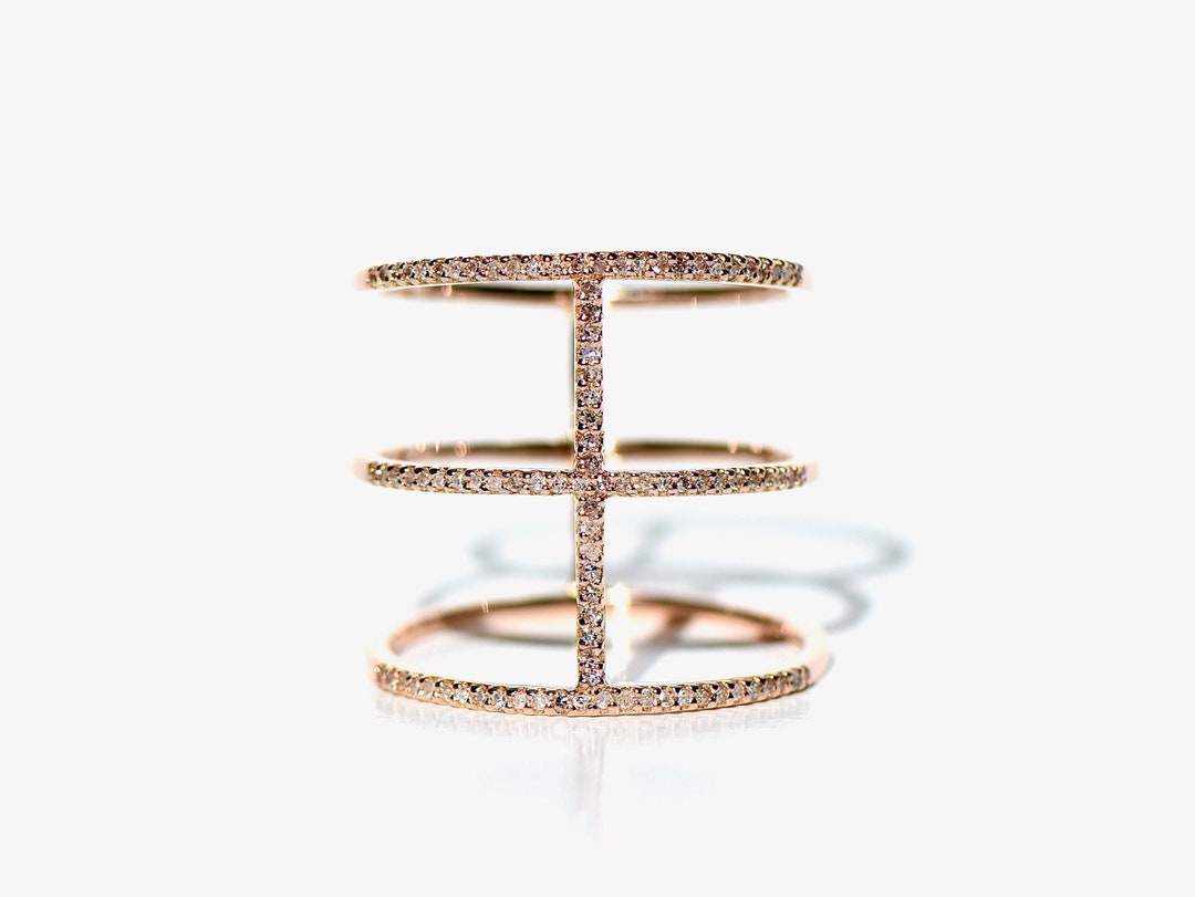 14k Gold Three Row Pave Diamond Cage Ring - Etsy
