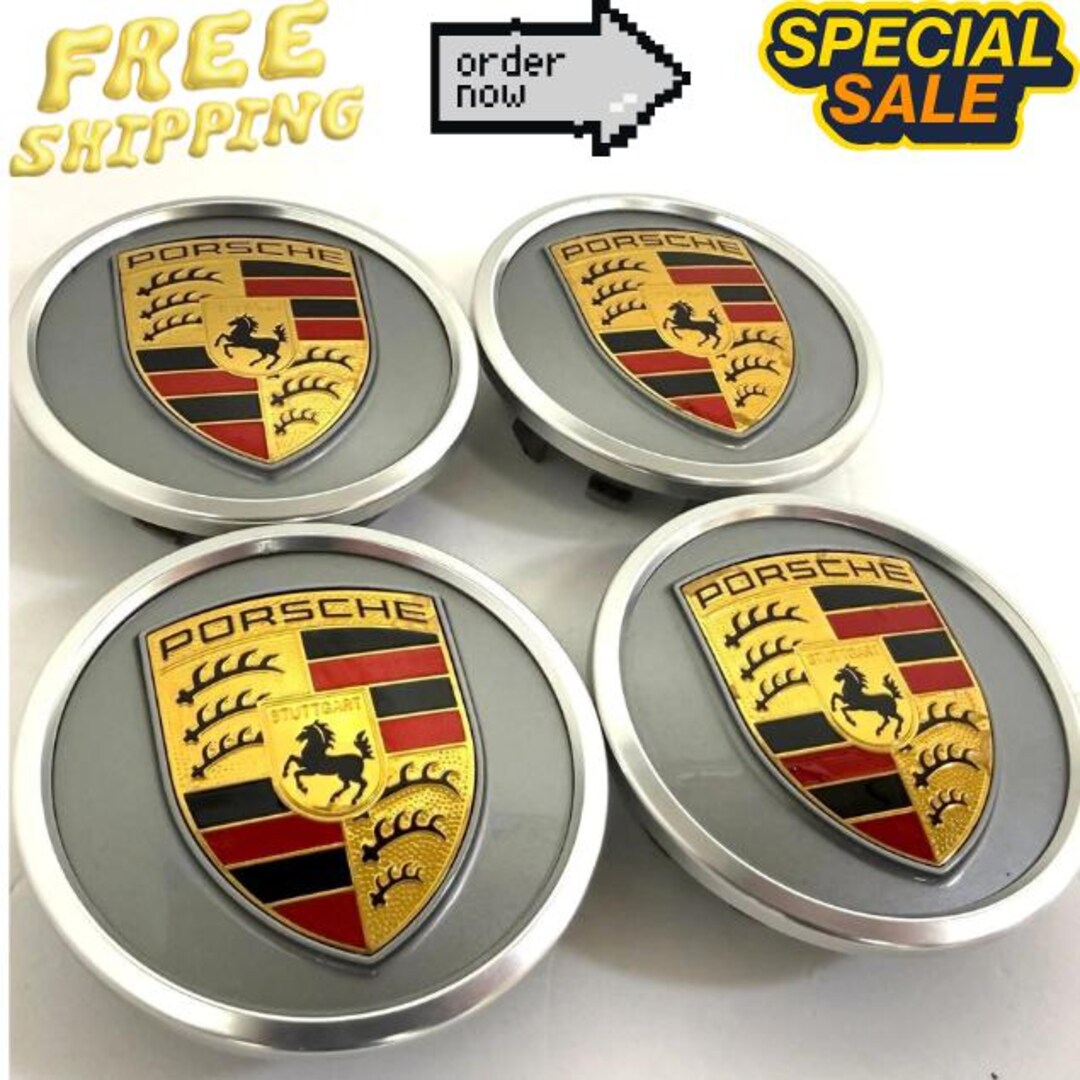 Porsche 76mm Gloss Grey Wheel Center Caps – Silver Crest Hub Covers Set ...
