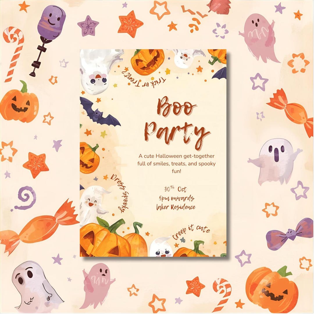 Cute Halloween Boo Party Invitation | Watercolor Ghosts & Pumpkins (A4 ...