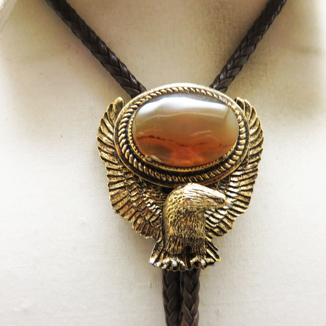 Golden Eagle Bolo Tie, Vintage Gold Plated Eagle and Montana Agate Bolo ...