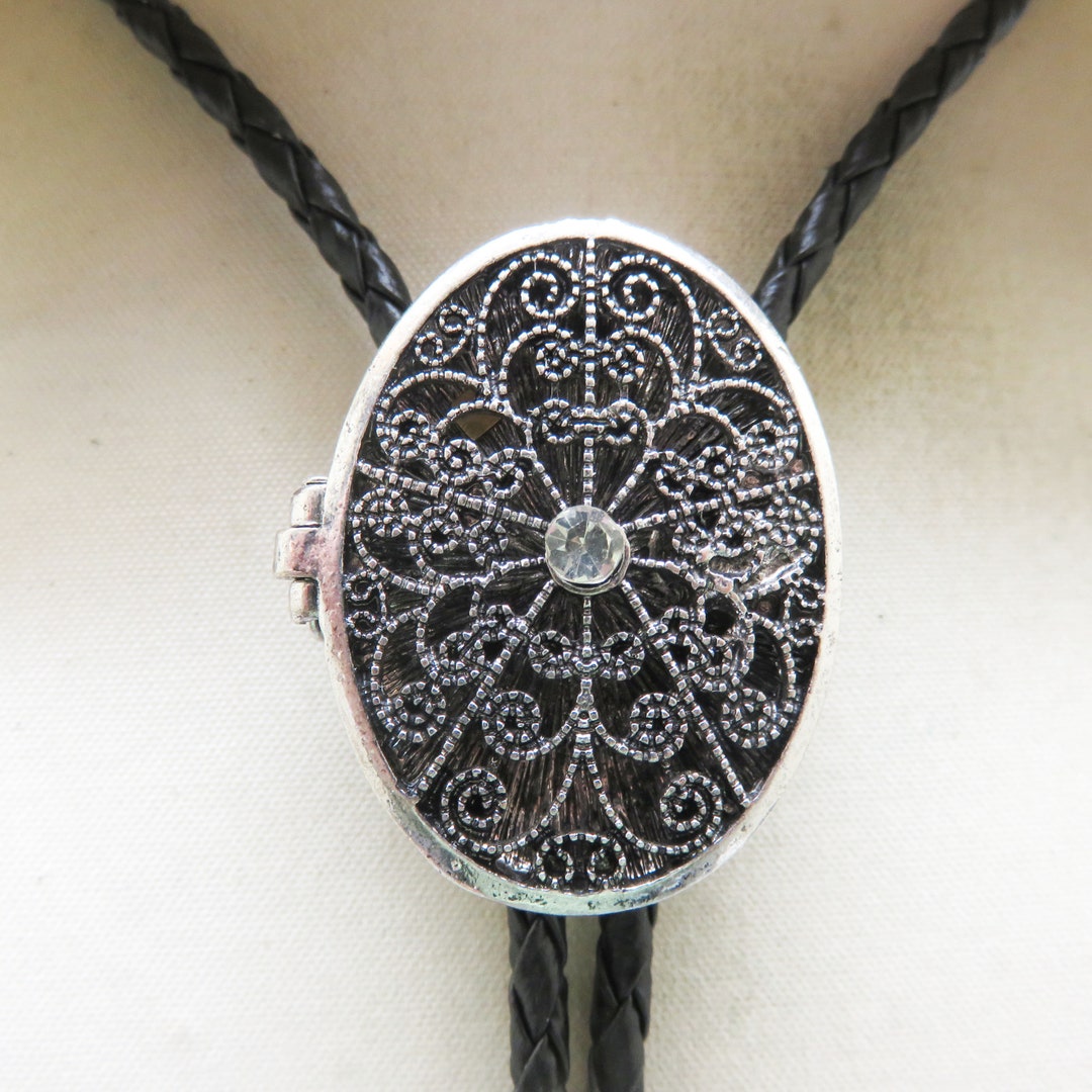Silver Filigree Locket Bolo Tie: Rhinestone Western Jewelry - Etsy